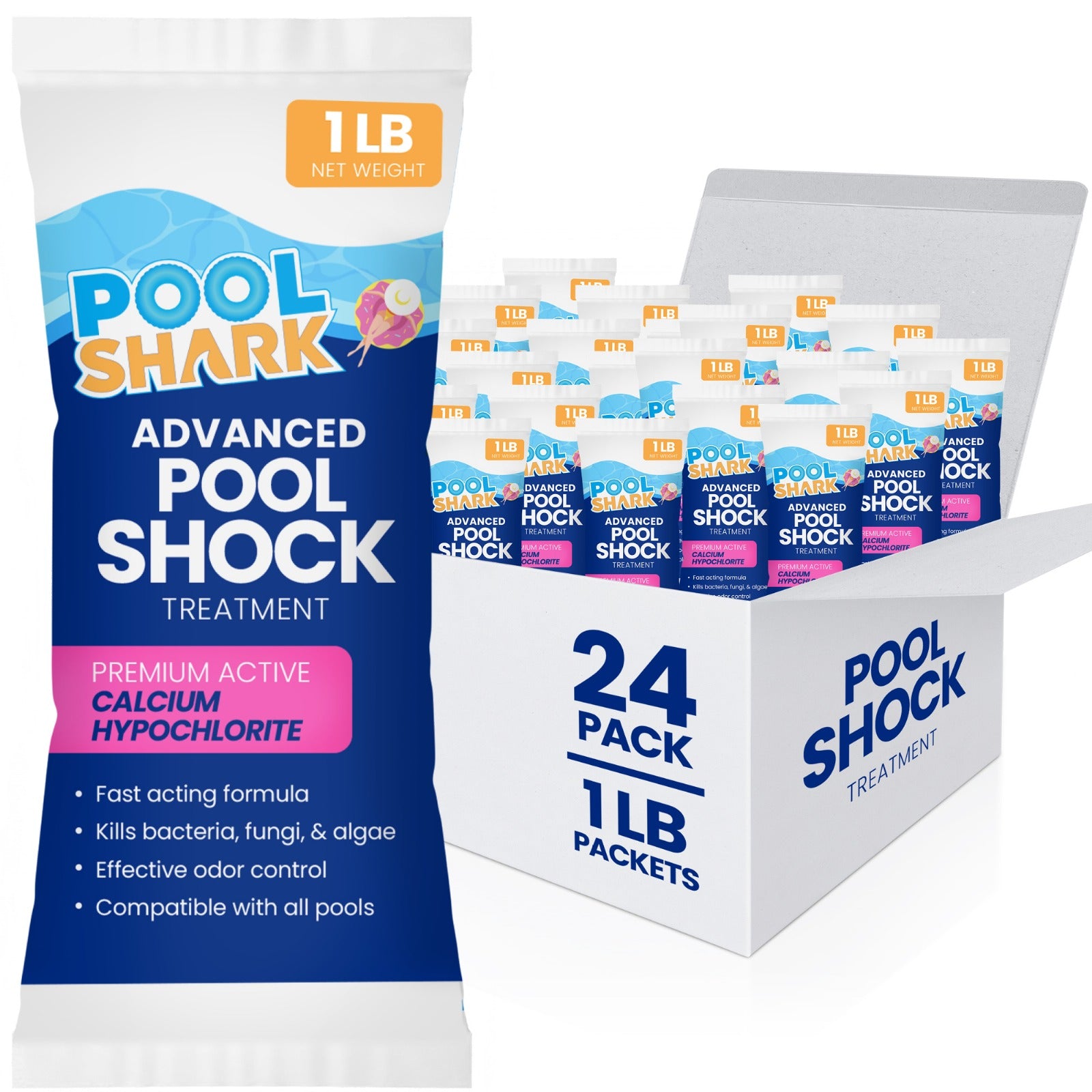 Pool Shark Calcium Hypochlorite Pool Shock 68% – 24 x 1 lb Chlorine Gr